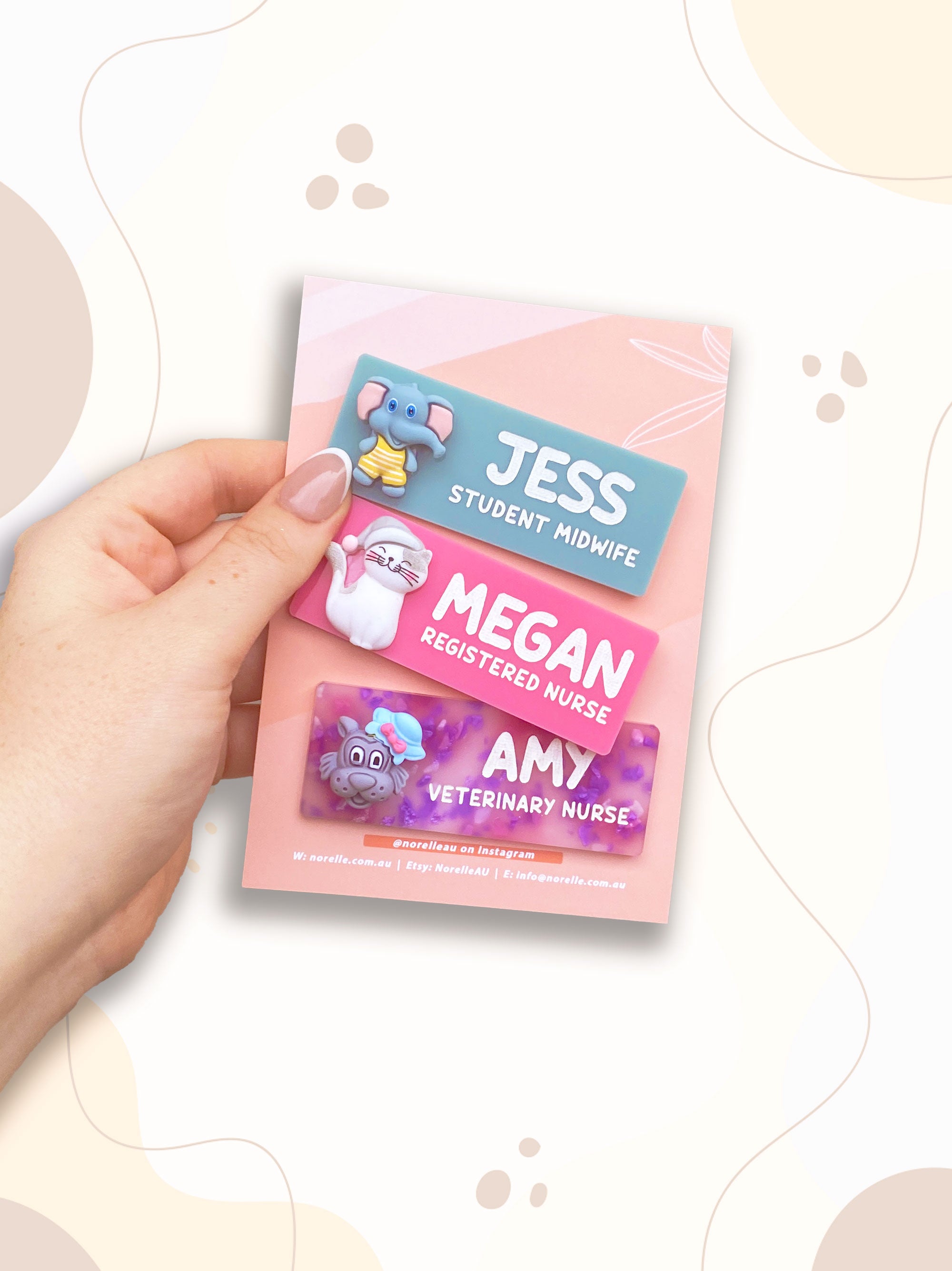 Personalised Work Name Badge with Animal Happy Elephant, Sleepy Cat an