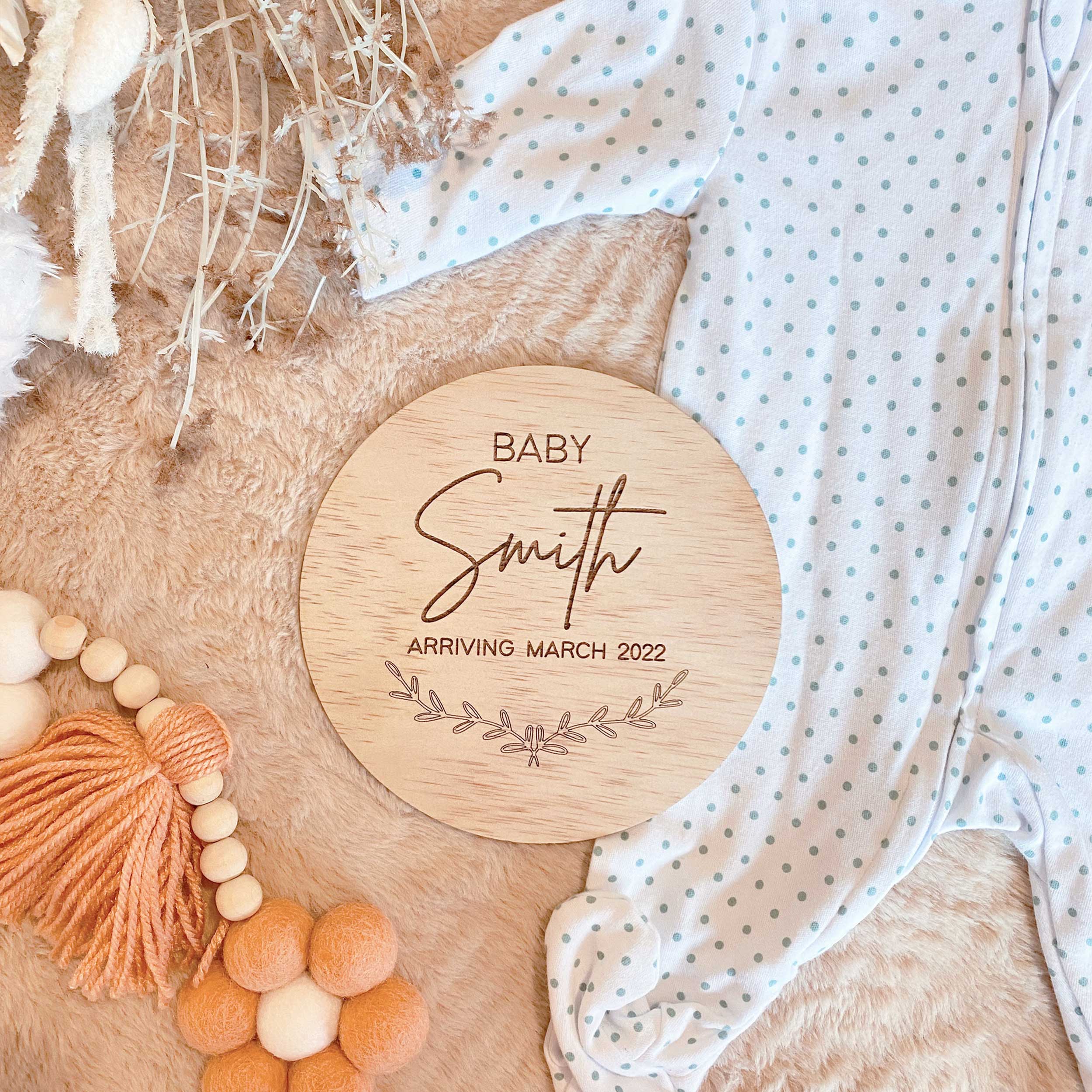 Personalised Round Baby Announcement Sign – Engraved Plywood Disc for